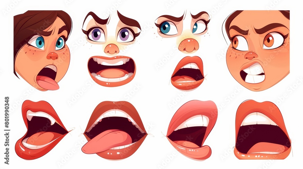 An illustration of a young girl's mouth animation set isolated on white ...