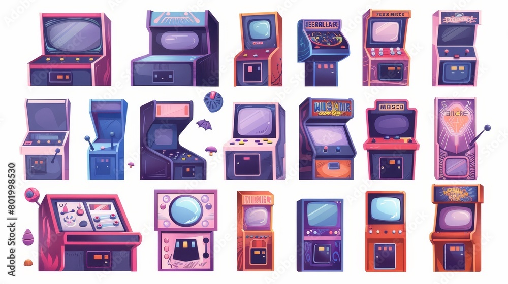 Set of isolated retro arcade machines with buttons, console joysticks ...
