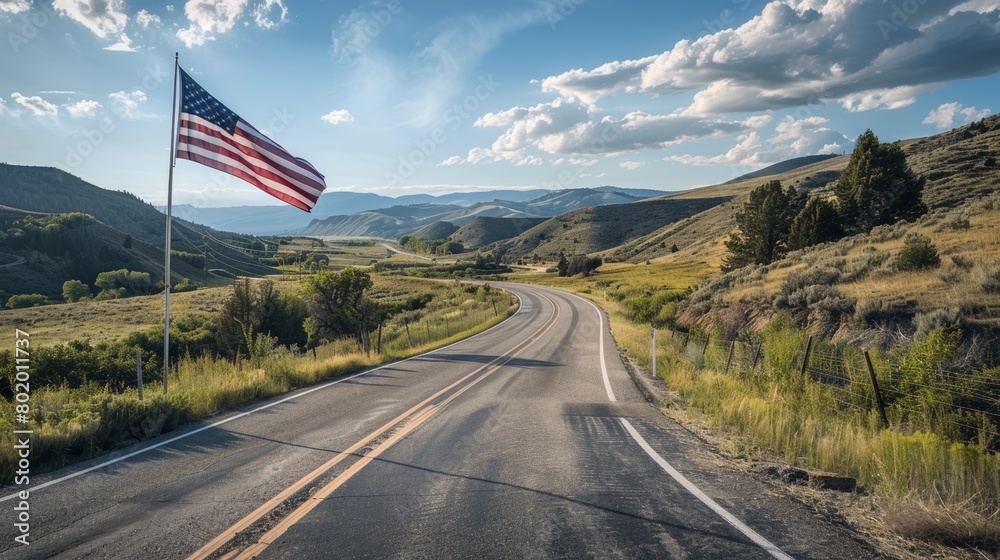 Artistic representation of a winding road with the American flag waving ...