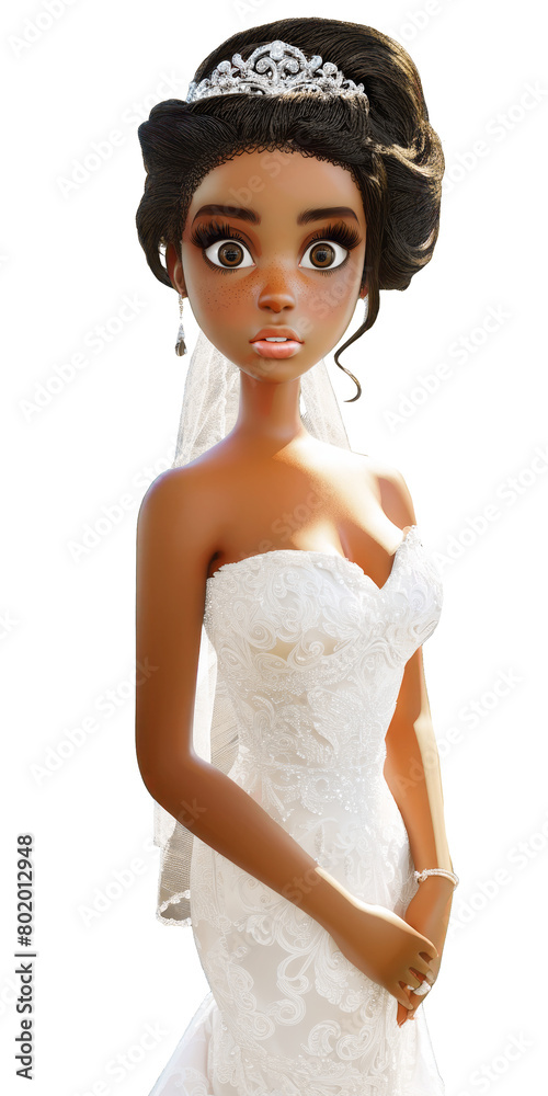 Cute afro girl bride character in white wedding dress on transparent ...