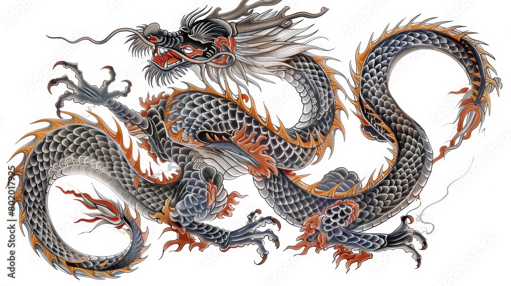 Artistic depiction of a dragon Japanese tattoo, winding along the skin ...