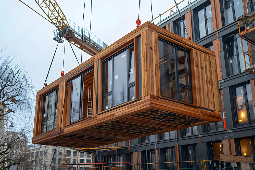Modular wooden building module being lifted by a crane at a ...