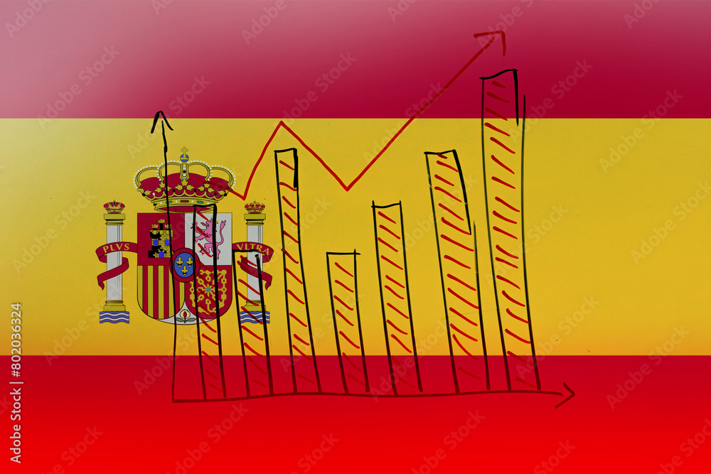 Spain bar chart graph with ups and downs, Spain country flag with bar ...