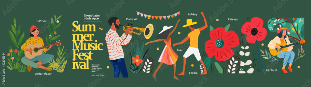 Music and dance summer festival in nature. Vector illustration of a ...