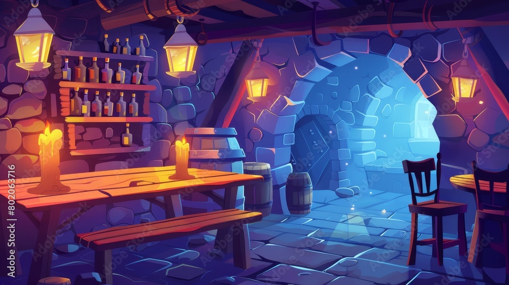 Cartoon illustration of medieval tavern interior with candle lamps ...