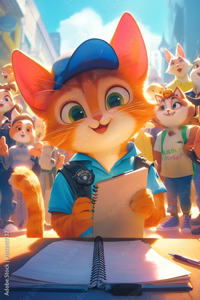 Playful detective cat with a notepad, interviewing a line of diverse ...