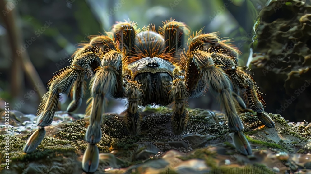 A close up of a tarantula on a rock in the jungle. The tarantula is ...