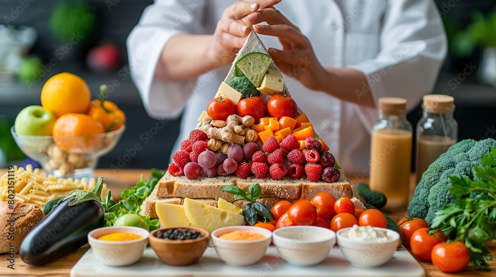 Dietitian pointing to food pyramid chart, balanced diet guide, close up ...