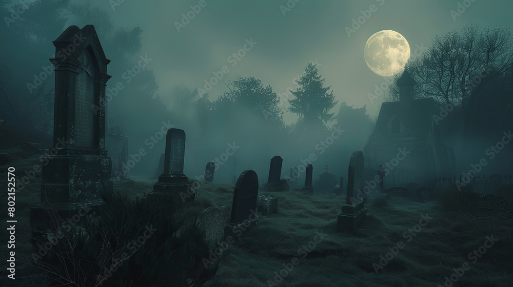 Graveyard scene with fog creeping over ancient tombstones under a dim ...