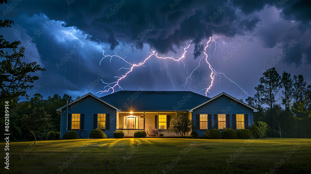 Suburban house with lightning bolts in the sky during a storm Stock ...