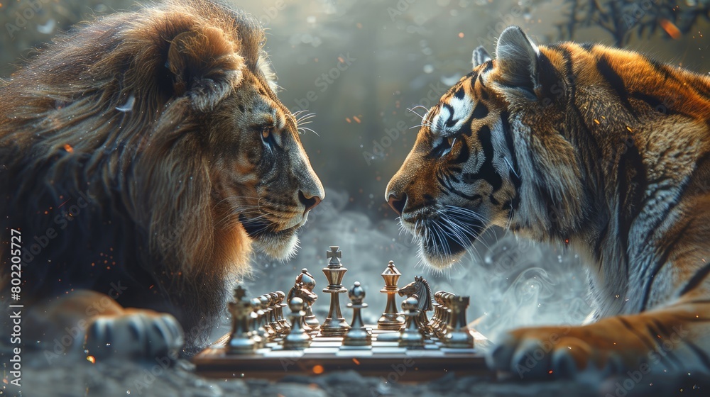 Lion and a tiger playing chess, Business strategic planning concept ...