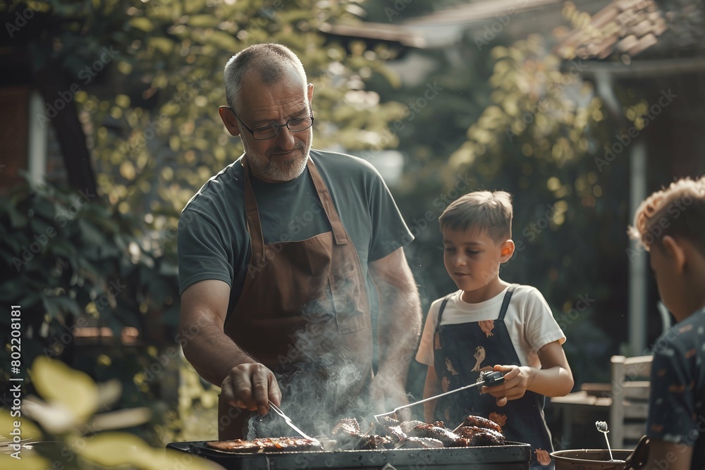 Family having fun cooking food together in their backyard. Man making ...