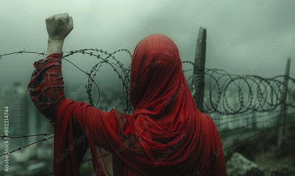 Masked woman holding barbed wire on rooftop, wearing red coat ...