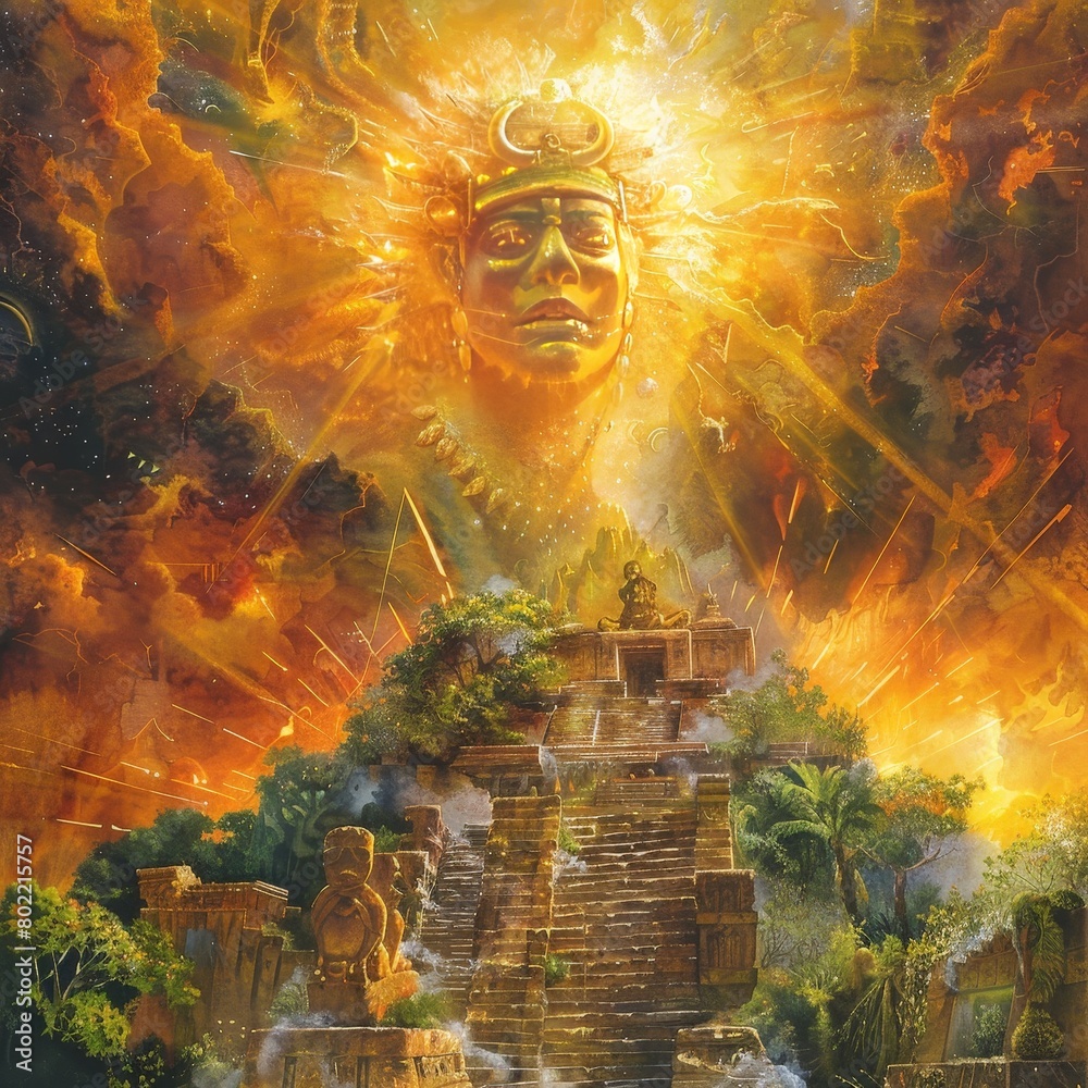 A radiant sun god emerges above a majestic temple in the heart of the ...