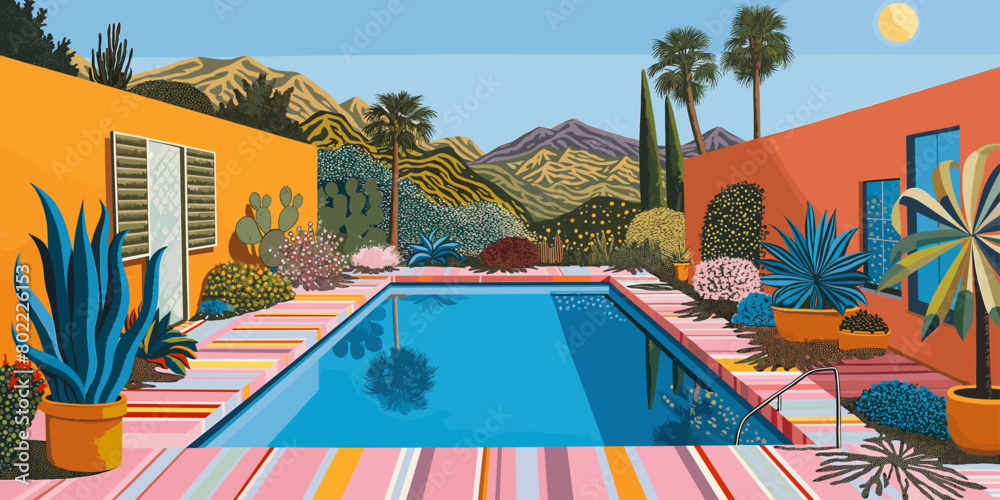 "Colorful desert oasis with a vibrant swimming pool and lush garden ...