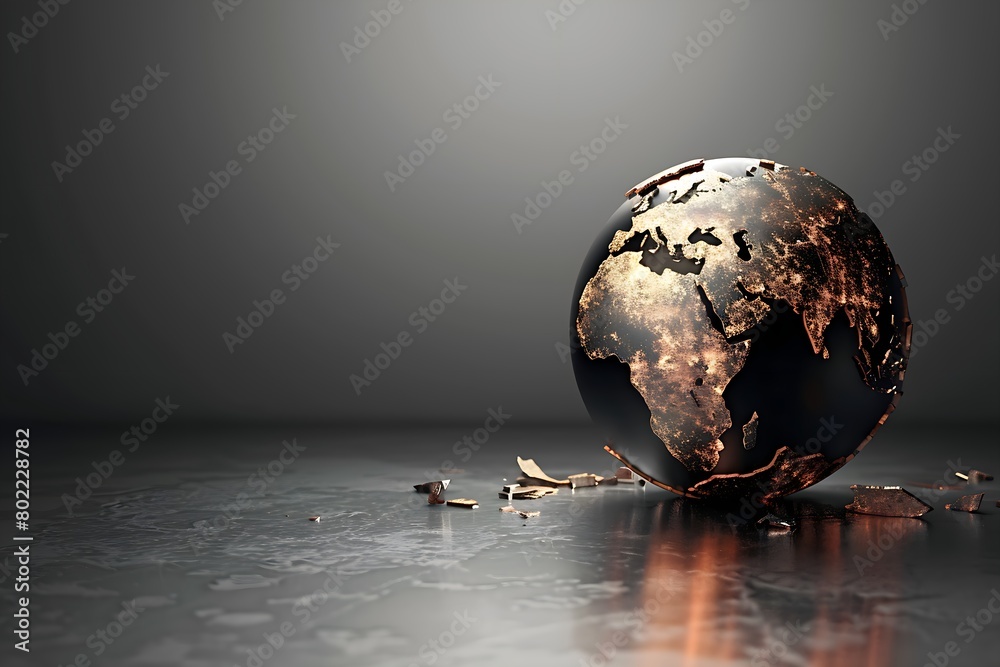 Earth Globe made from Copper with broken Pieces on dark background ...