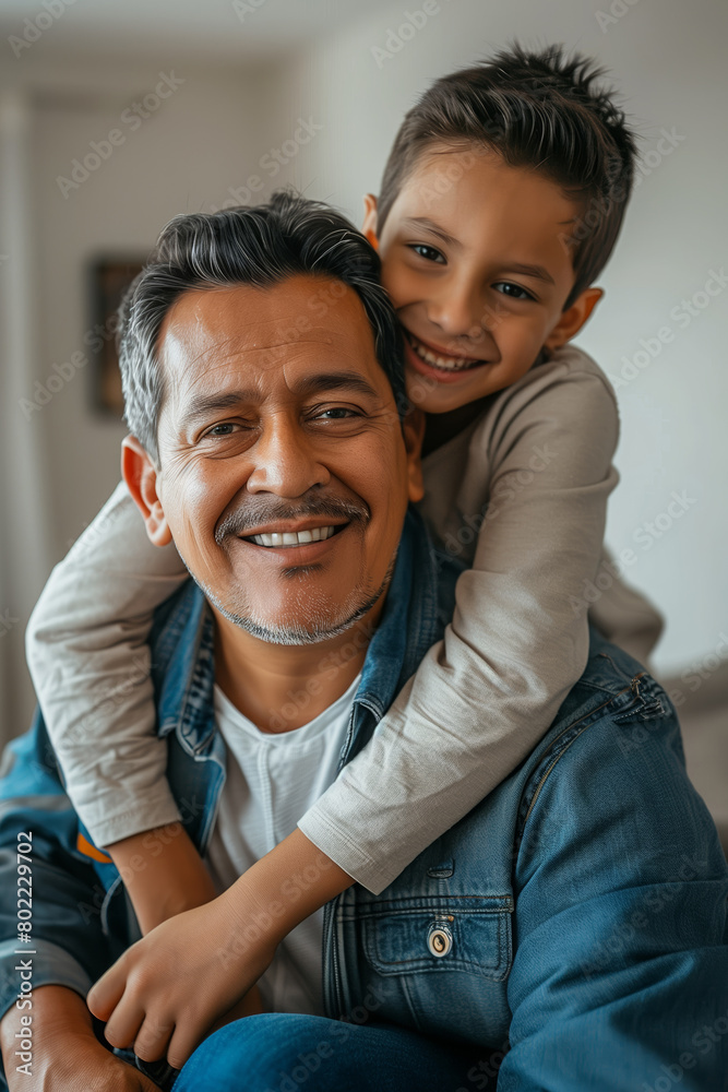 Happy smiling father with his son sitting on father's shoulders, they ...