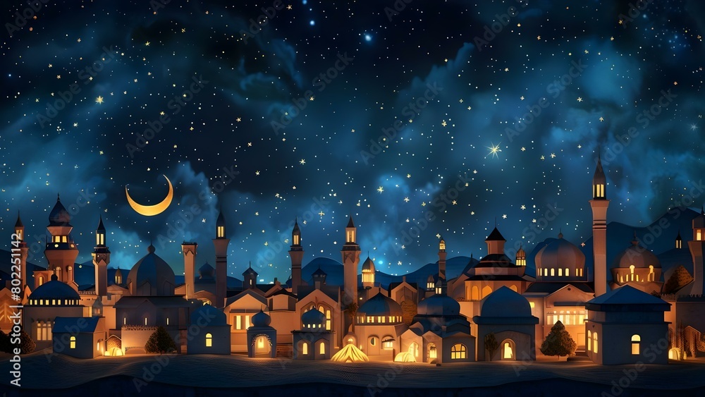 Papercraft of an Islamic Village: Houses and Mosques under a Starry ...