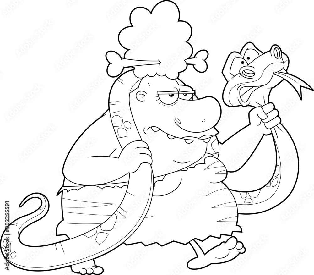 Outlined Angry Cave Woman Catching A Big Snake Cartoon Characters ...