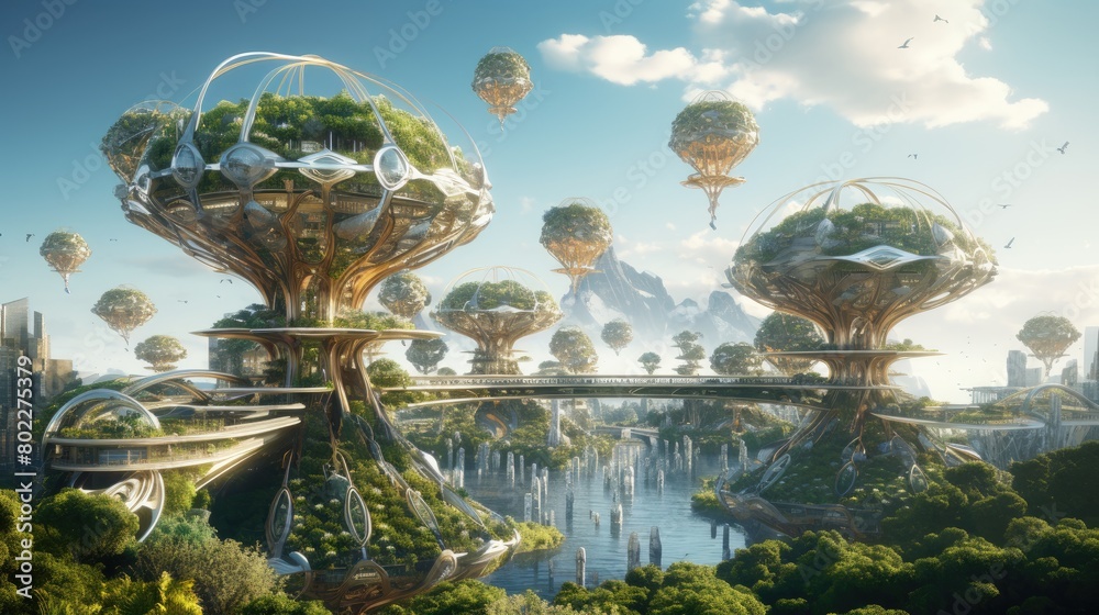 3D visualization of a solarpunk city, floating biodomes interconnected ...
