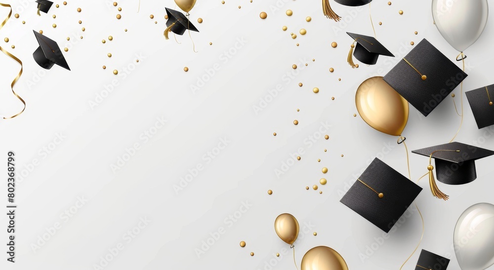 Black and white graduation caps with golden balloons flying on the ...