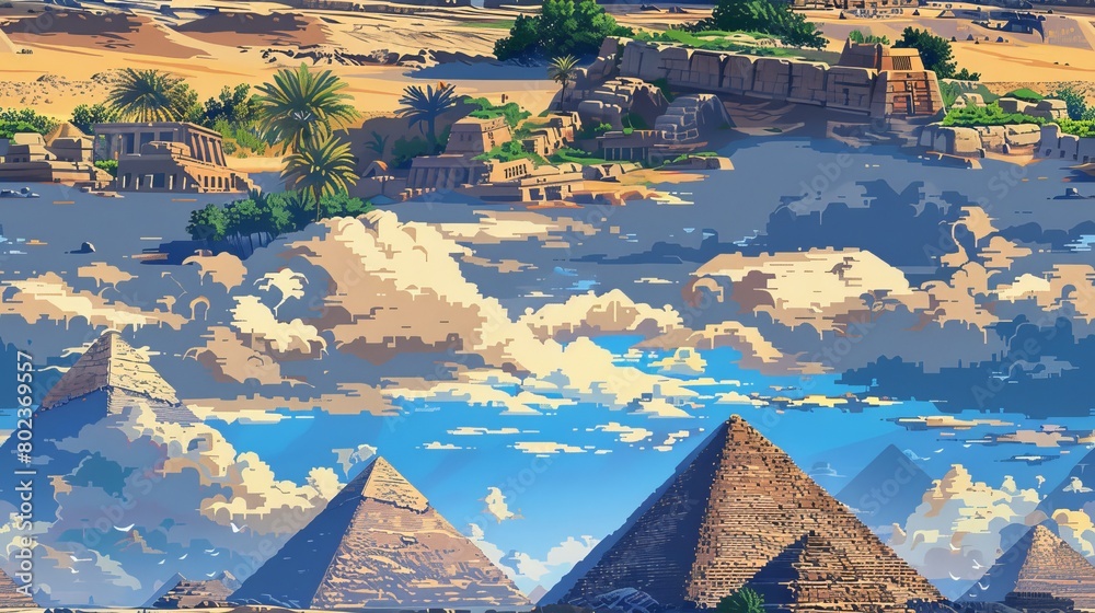 The image shows the Giza pyramid complex in Egypt. The pyramids are ...