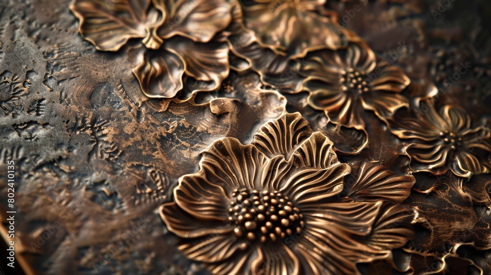 Detailed image of a bronze surface with a complex embossed pattern ...