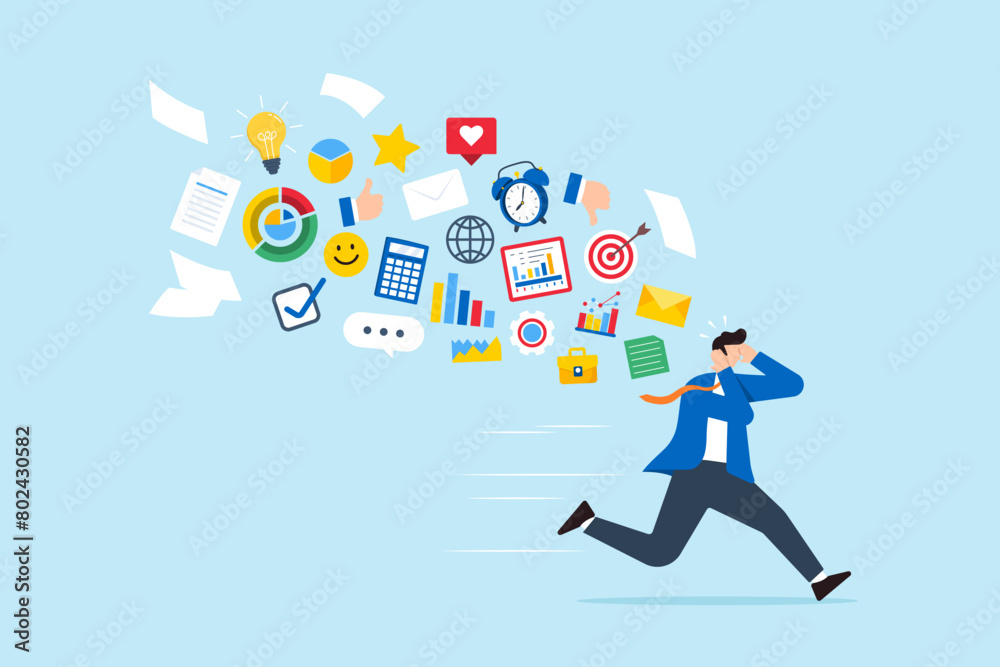 Frustrated businessman running away from flying social and work ...