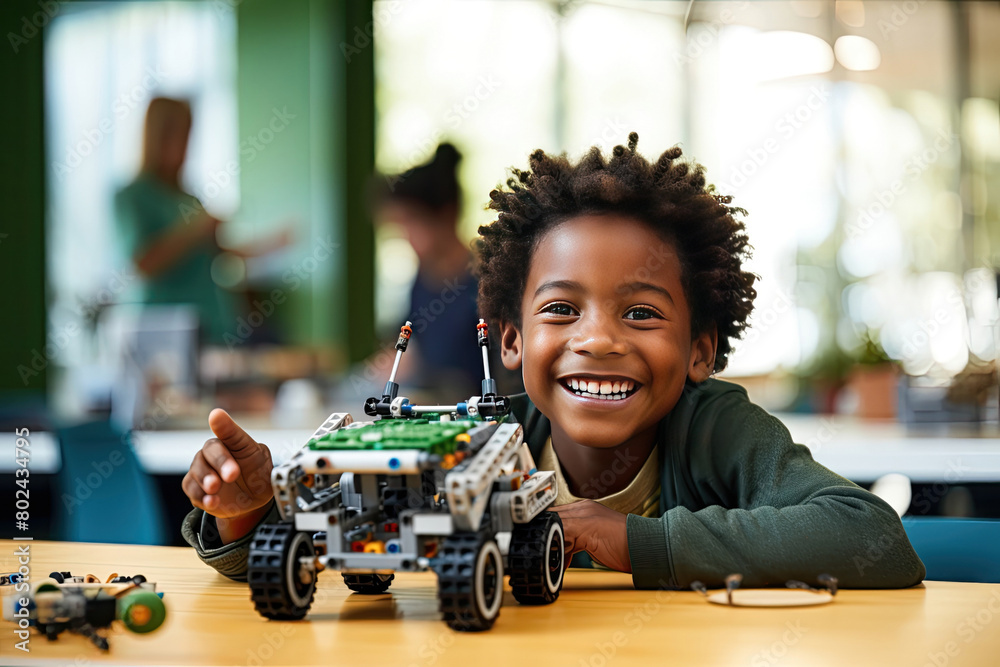Black american kid explores creativity and learning by building robot ...