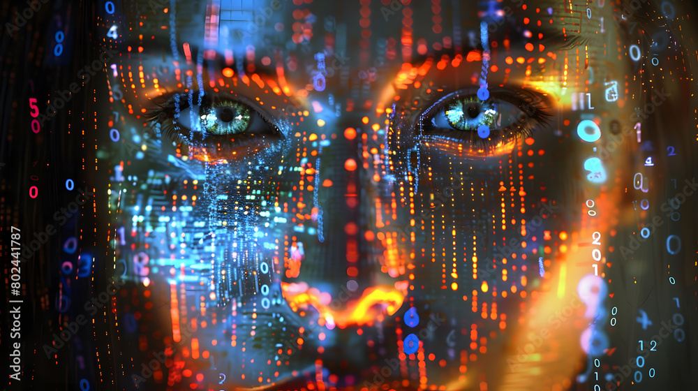 Female face with matrix digital numbers artifical intelligence AI theme ...