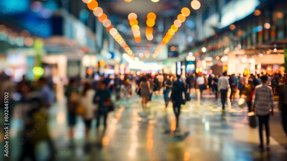 Busy scene at a professional expo with people walking and interacting ...