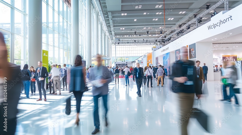 Busy scene at a professional expo with people walking and interacting ...