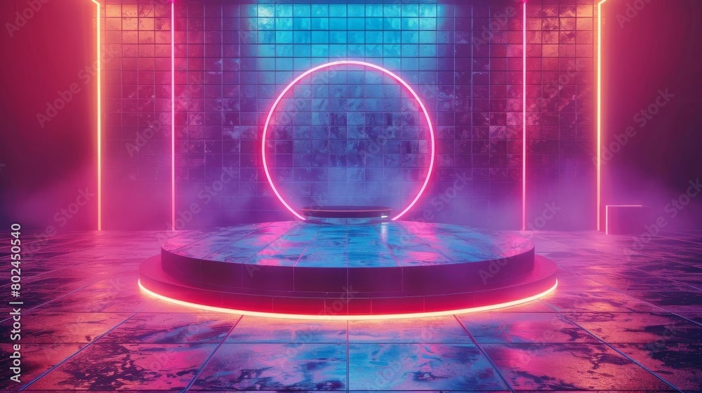 Neon grid podium in a retrofuturistic setting, suitable for 80s themed ...