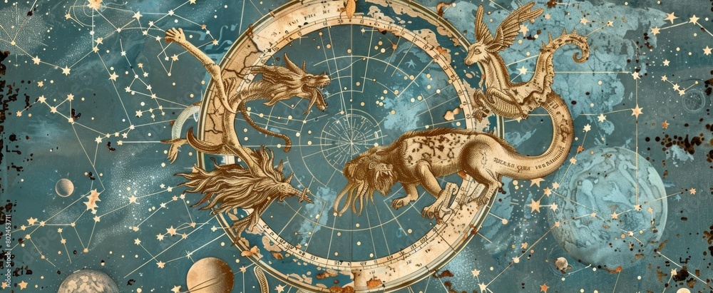 Vintage-inspired illustrations of zodiac constellations, styled as old ...