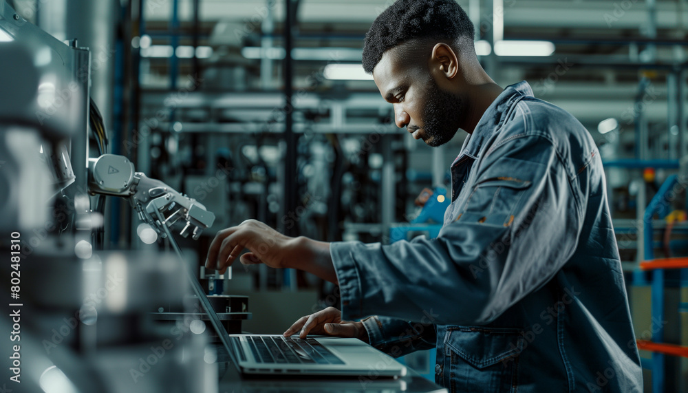 showing a maintenance engineer in a high-tech facility, intently using a laptop to program a ...