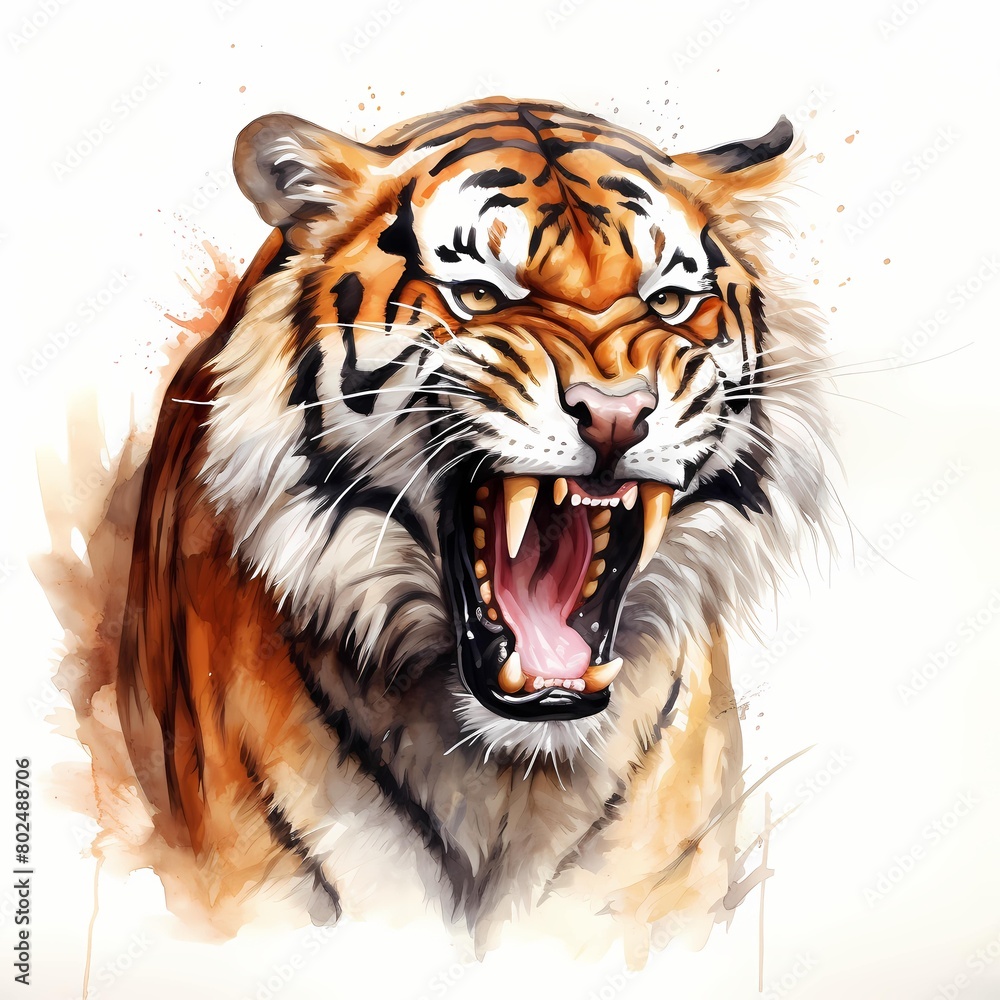 Angry tiger. Bengal tiger. Big wild cat clipart. Watercolor ...