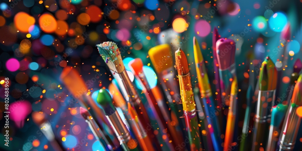 Dynamic image of paintbrushes with vibrant paint splashes against a ...