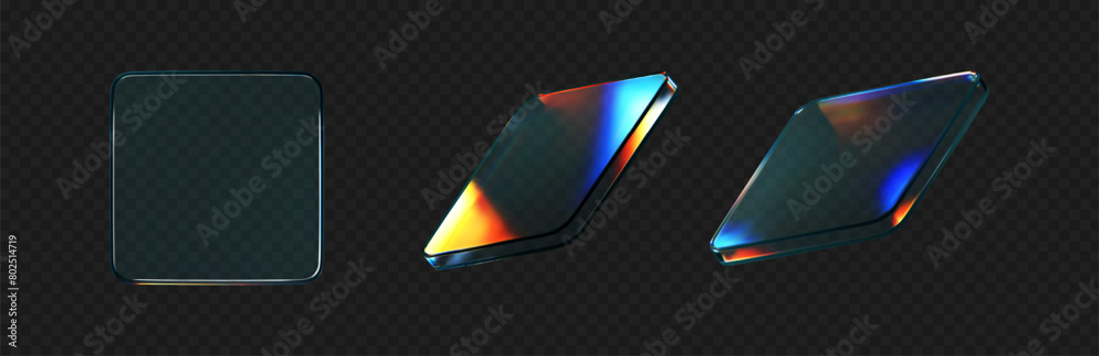 3d glass square shapes set with refraction and holographic effect ...