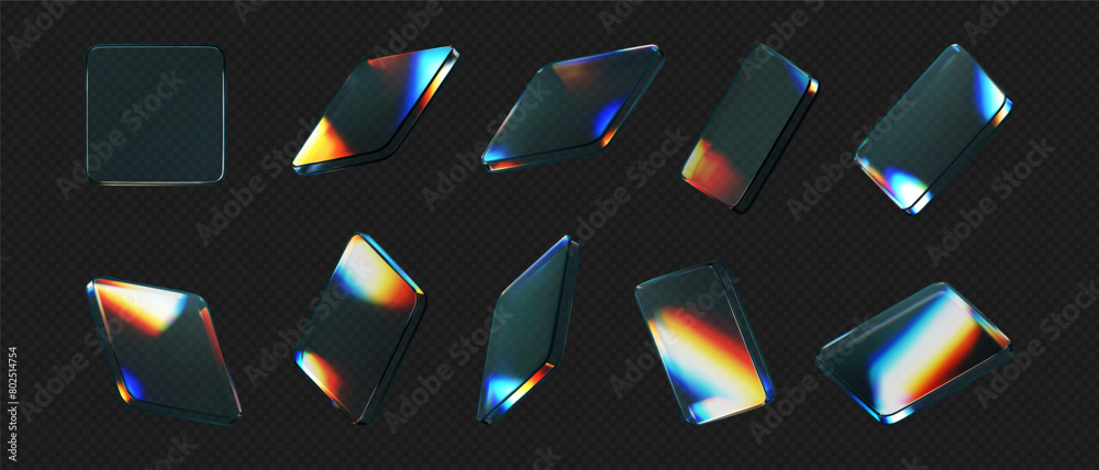 3d glass square shapes set with refraction and holographic effect ...