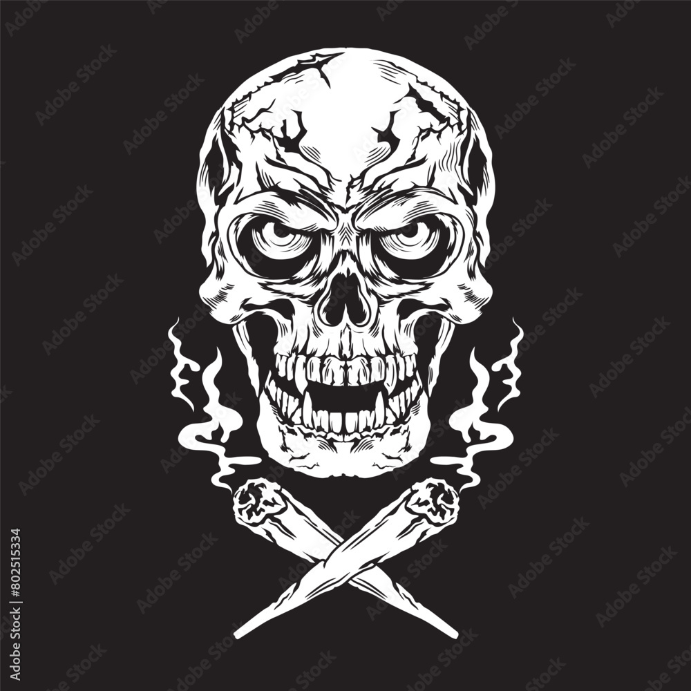 Stoned Skull face smoking joint vector illustration in hand drawn style ...