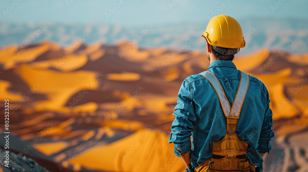 Engineer Overlooking Winding Sand Dunes in Desert at Sunrise Wearing ...