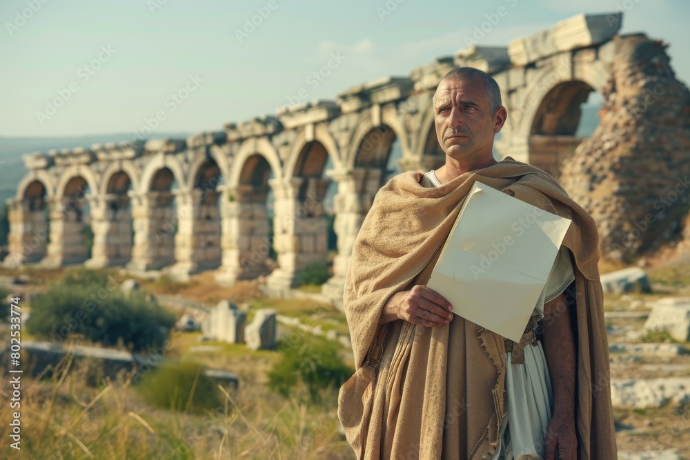 Historic portrayal of a man in ancient Roman attire holding a papyrus ...