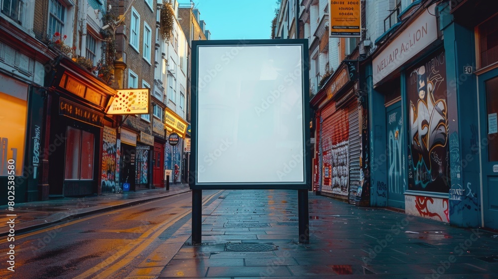 a london street pavement advertising board, we see the advertising ...