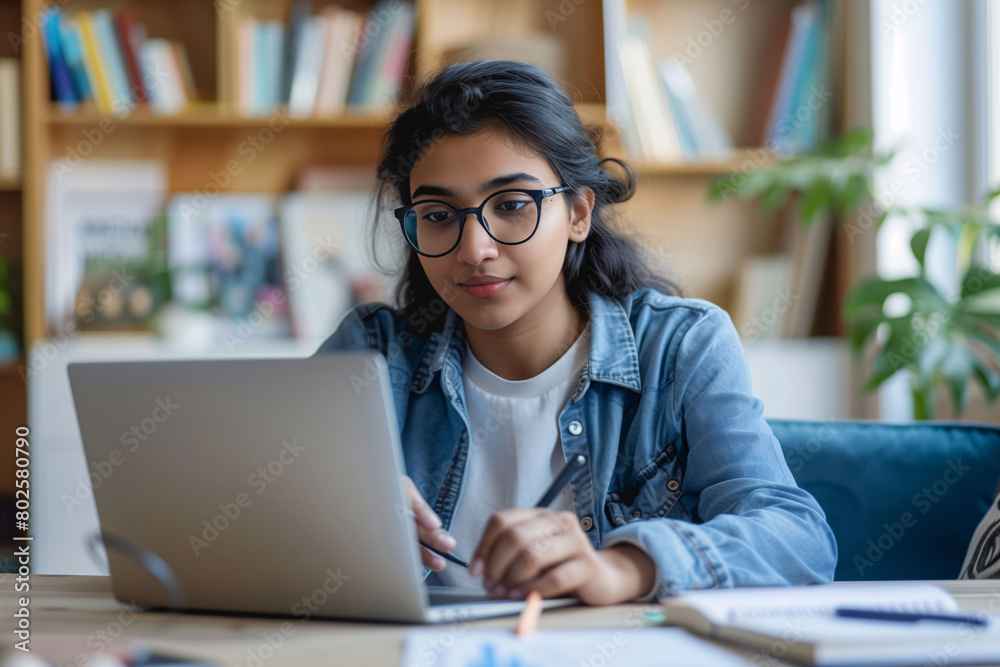 A young Indian girl studying with her computer. A student engaged in ...