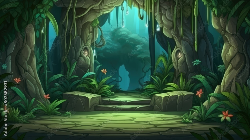 Cartoon illustration of a mystical Maya altar in a dense jungle ...