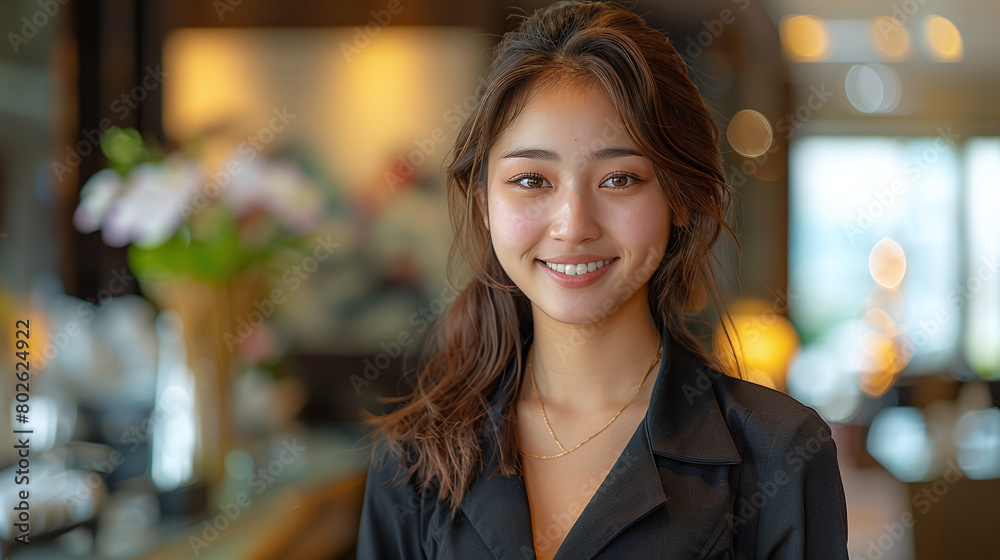 smiling woman of hotel service wearing black uniform, housekeeping ...