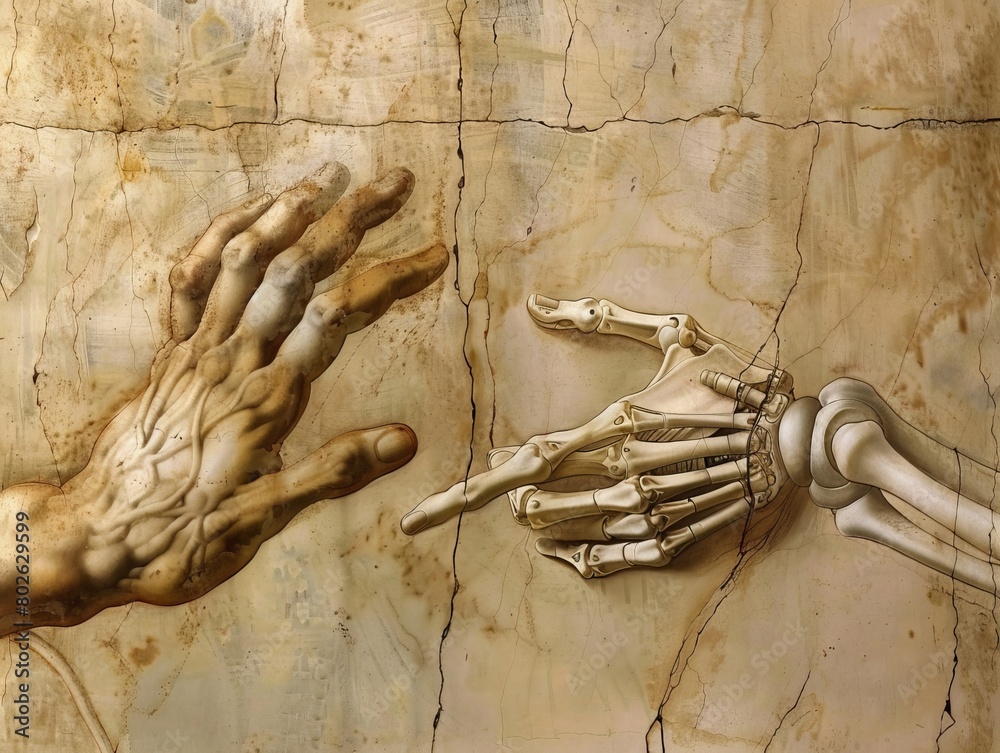 An old painting of a veiny human hand and a skeleton human hand ...