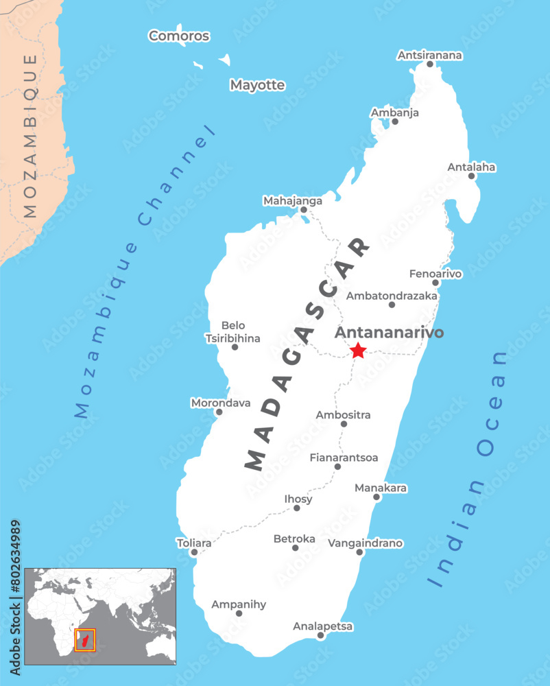 Madagascar Political Map and capital Antananarivo with national borders ...