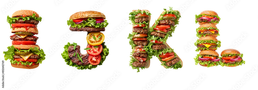burger decorated with alphabet letters I,J,K,L with on transparent ...
