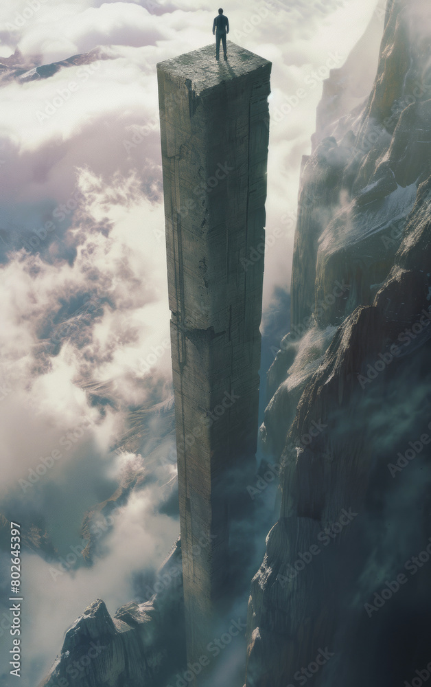 A man is shown standing on top of a tall tower, in a matte painting ...